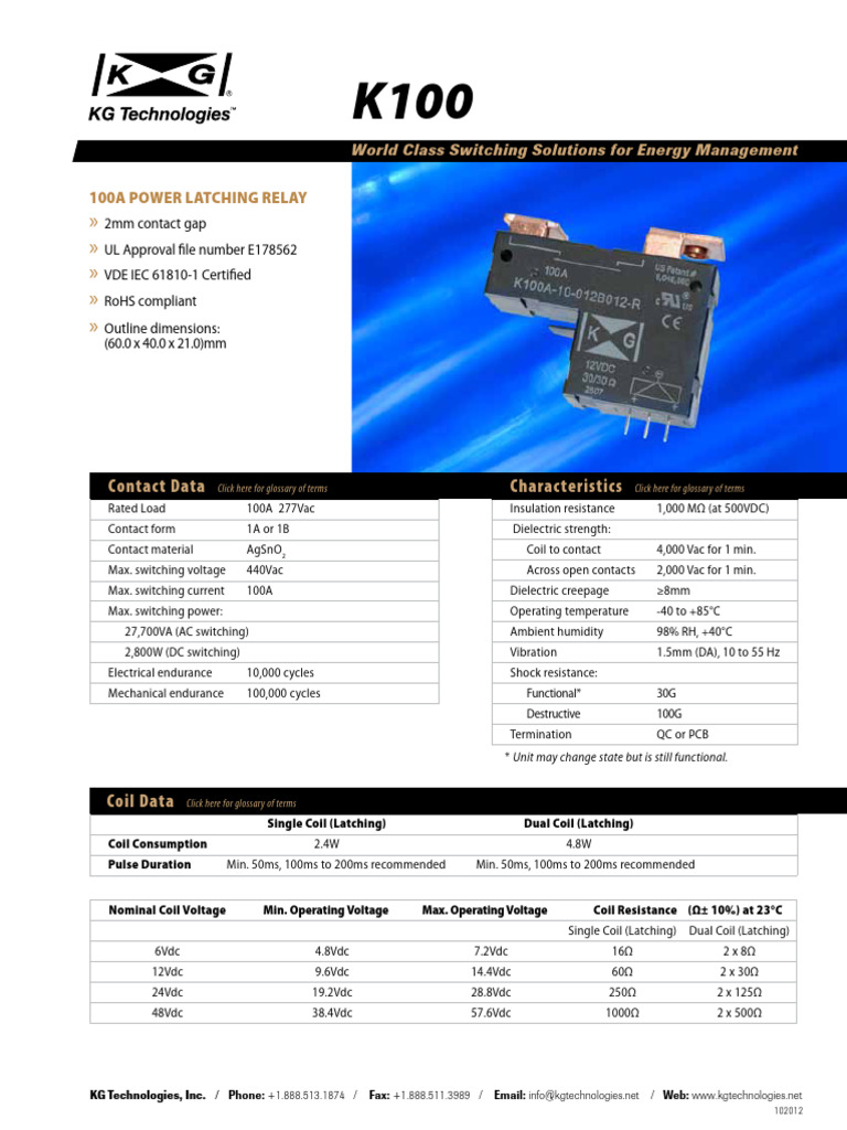 Contact Data Characteristics: 100A Power Latching Relay | PDF | Relay | Inductor