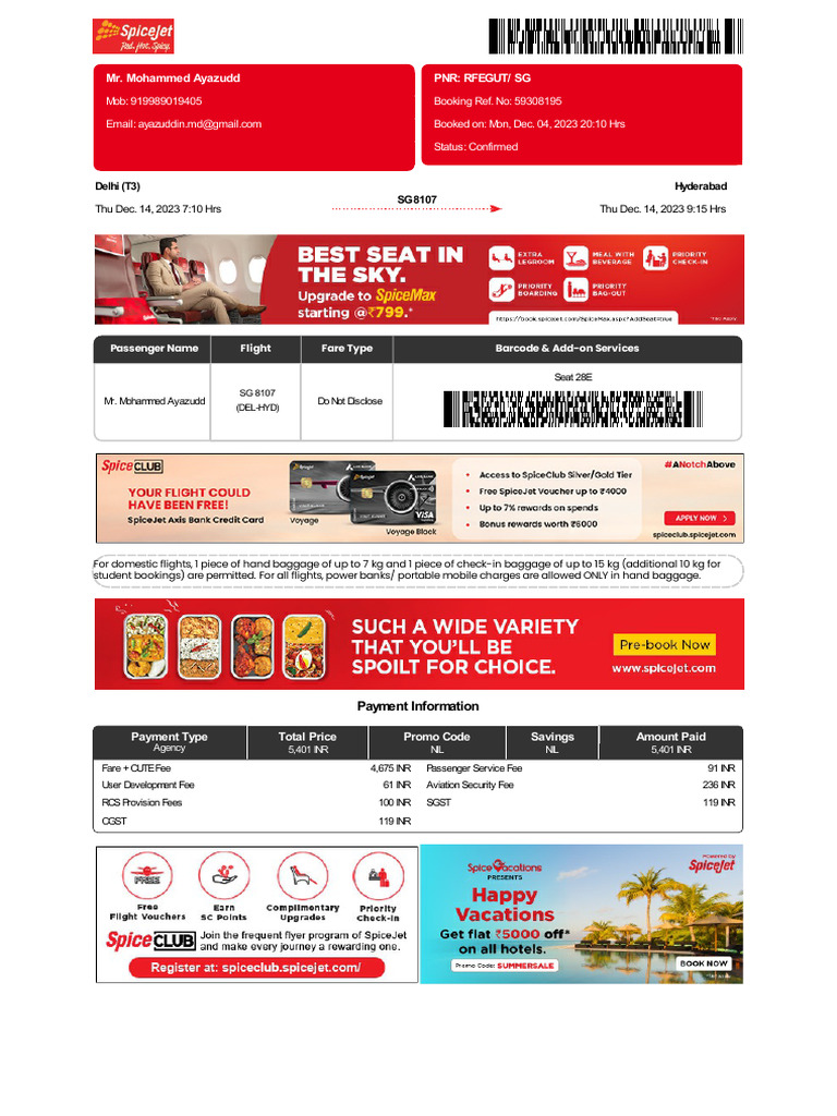 SpiceJet - E-Ticket - PNR - RFEGUT 14 Dec 2023 Delhi-Hyderabad For MR ...