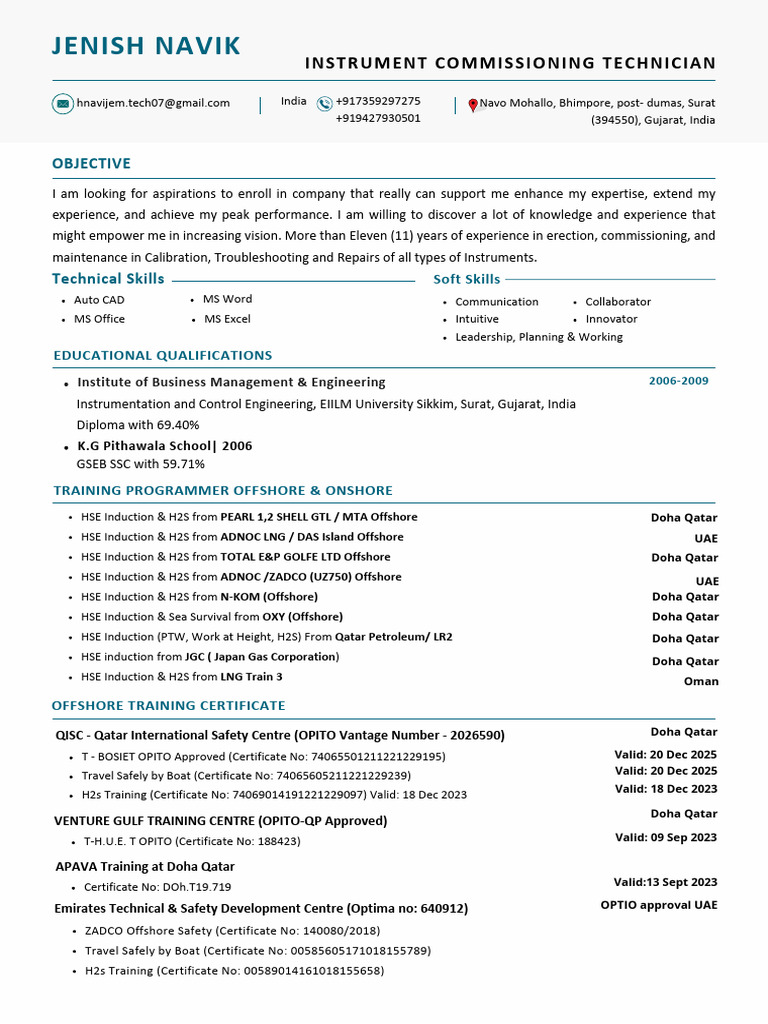 Instrument Commissioning Technician CV | PDF | Gases