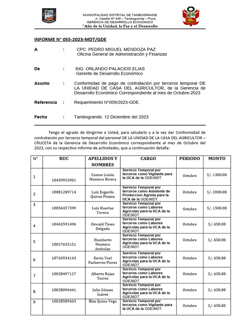 Informe de Conformidad Octubre UCA | PDF