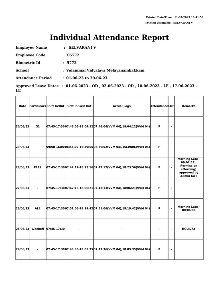 Individual Attendance Employee Report | PDF