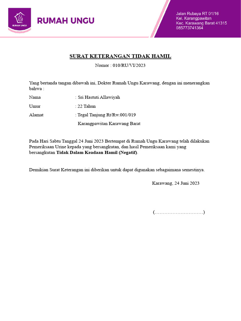 Surat Keterangan Tidak Hamil Resmi | PDF