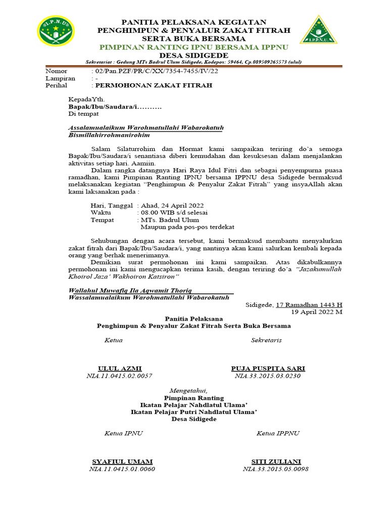 Permohonan Zakat Fitrah Sidigede | PDF