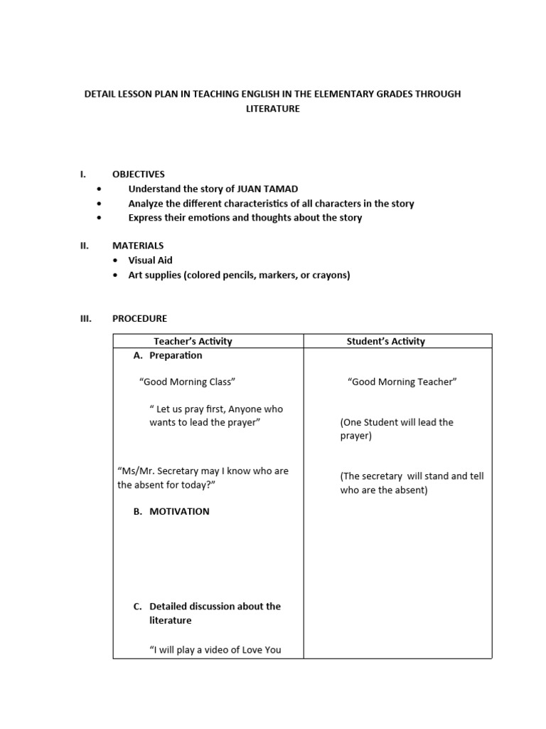 Detail Lesson Plan in Teaching English in The Elementary Grades Through ...