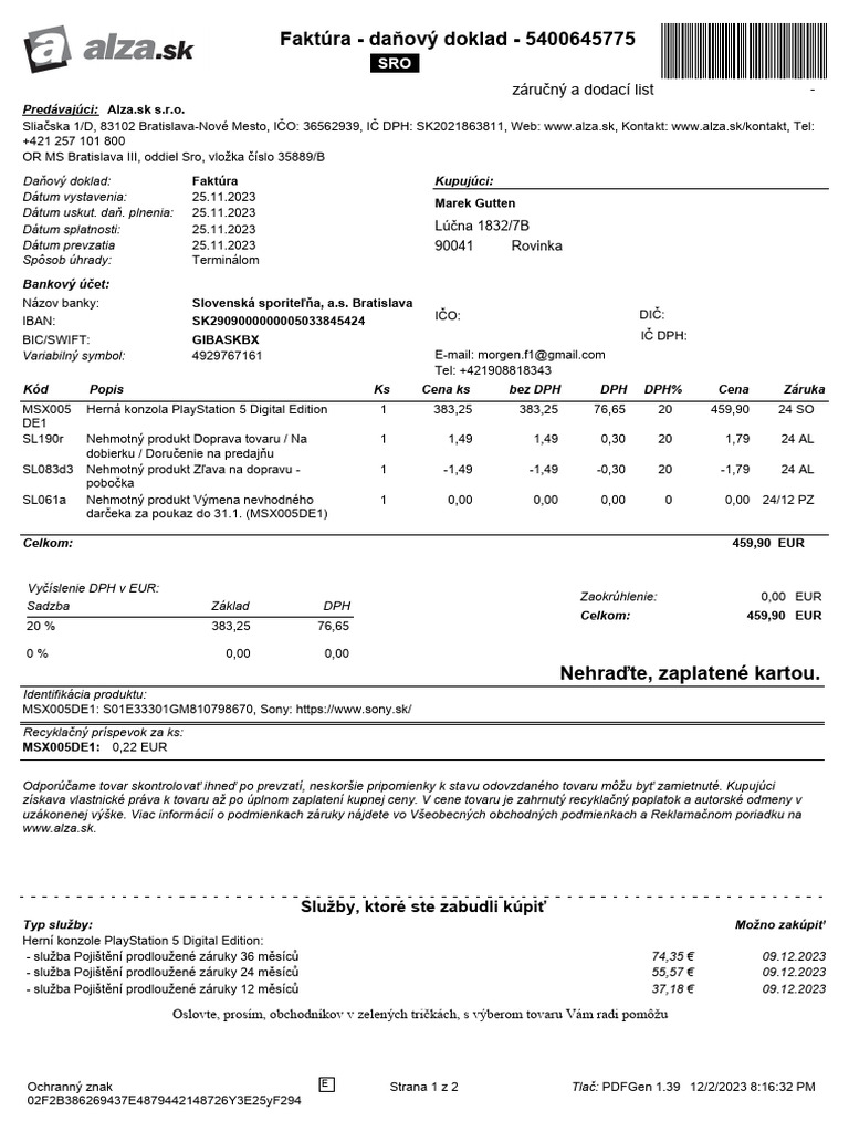 Faktúra - Daňový Doklad - 5400645775: Záručný A Dodací List | PDF
