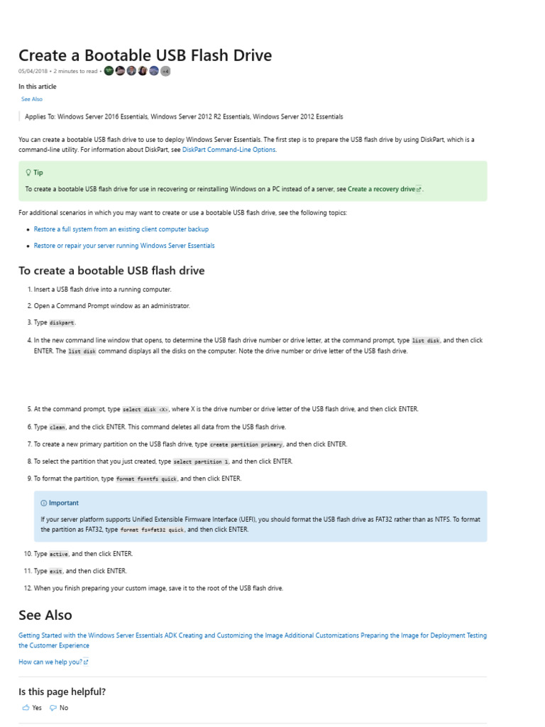Create A Bootable USB Flash Drive - Microsoft Docs | PDF | Usb Flash ...