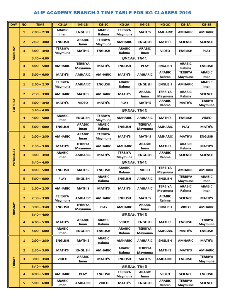 2015 Time Table For KG | PDF
