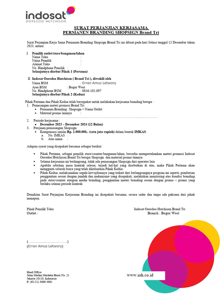 Surat Perjanjian Kerja Sama Permanen Branding Shopsign | PDF