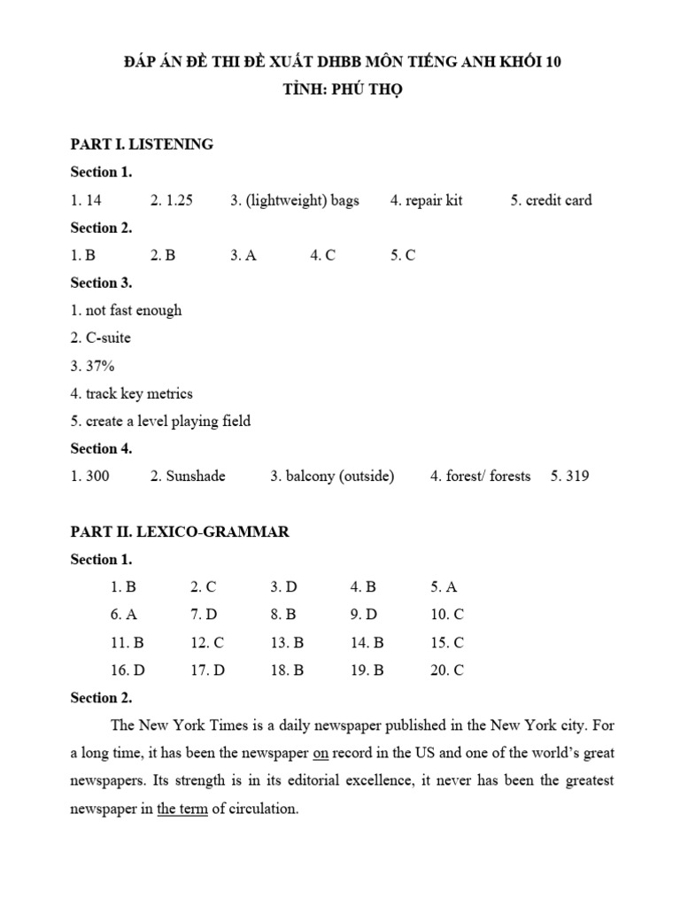 Dap An - de Thi de Xuat DHBB Tieng Anh K10 (Phu Tho) | PDF | The Times | Newspapers