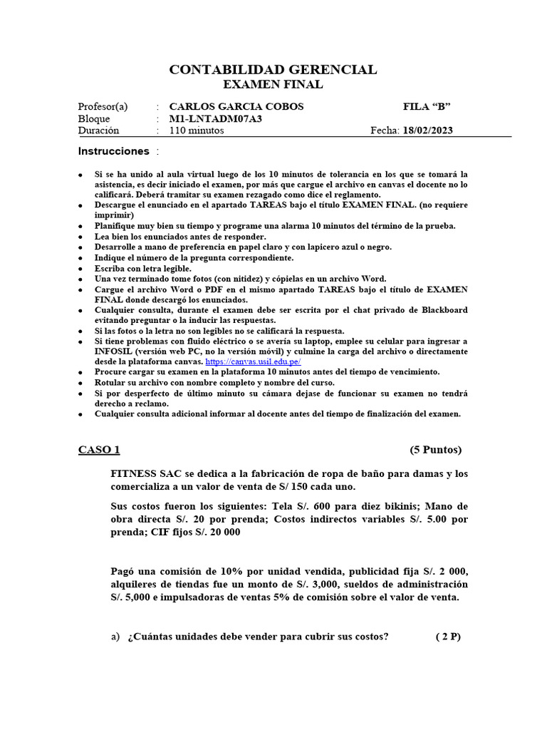 Examen Final de Contabilidad Gerencial | PDF | Economía Financiera | Economias