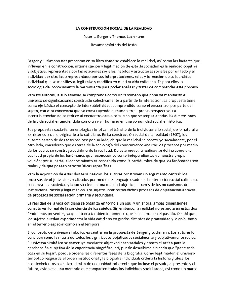 LA CONSTRUCCIÓN SOCIAL DE LA REALIDAD Peter L. Berger y Thomas Luckmann ...