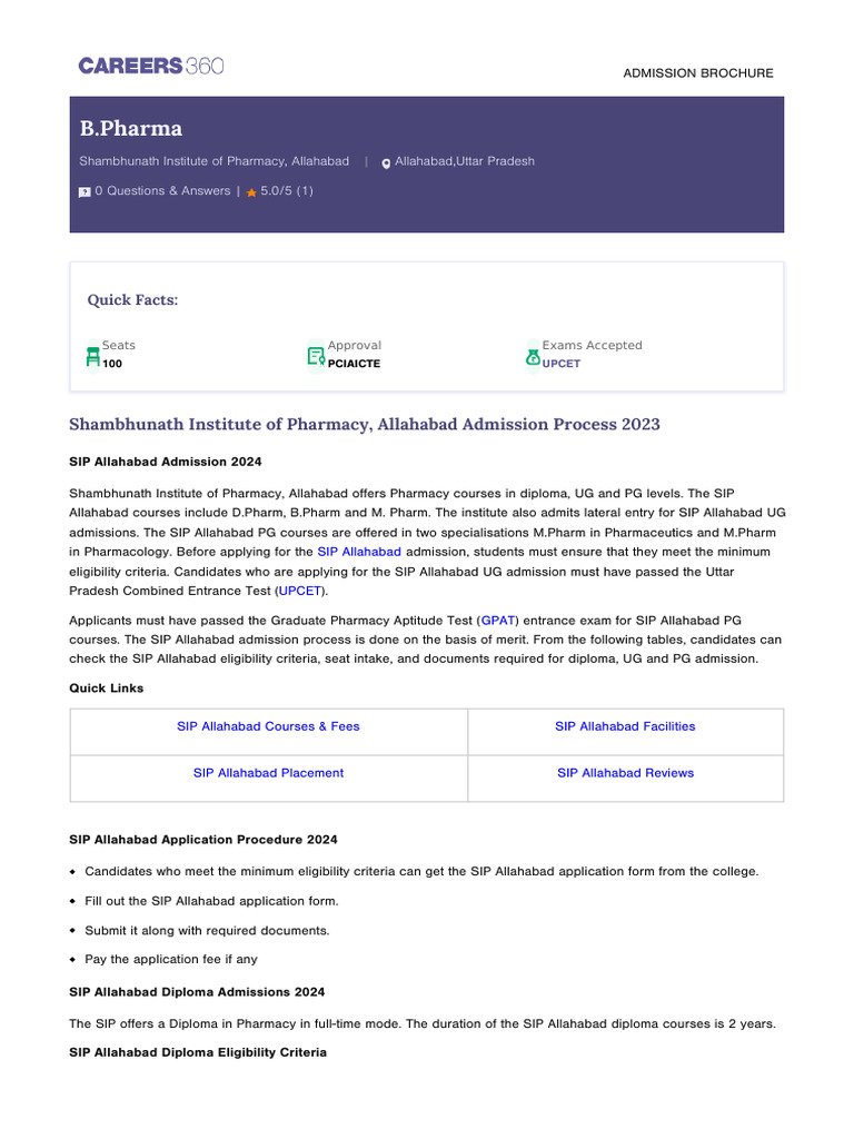 B.Pharma-Shambhunath Institute of Pharmacy, Allahabad - Admission-Details - 20231211185831 | PDF ...