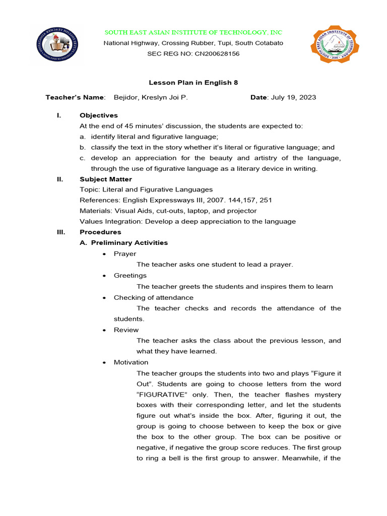 Lesson Plan For Figurative Language | Download Free PDF | Metaphor ...