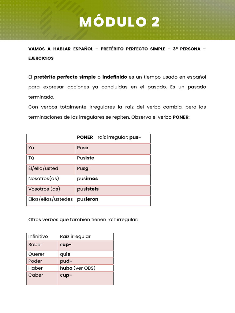 Aula 46 - PRET. PERFECTO SIMPLE - 3 PERSONA - Ejercicios Extra | PDF ...