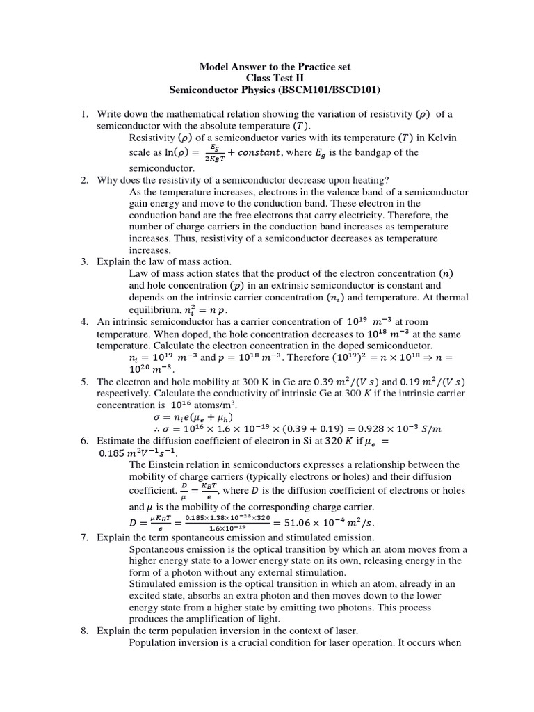 Semiconductor Physics Test Answers | PDF | Semiconductors | Emission ...