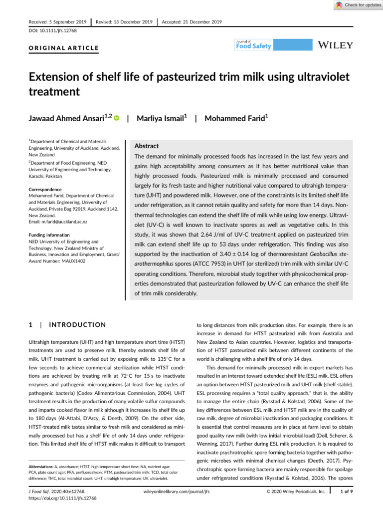 UV-C Extends Milk Shelf Life | PDF | Milk | Ph