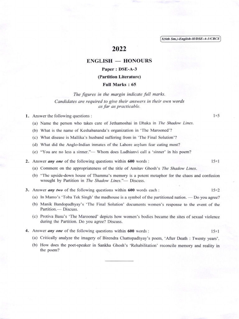 6th Sem English Hons Question Paper | PDF