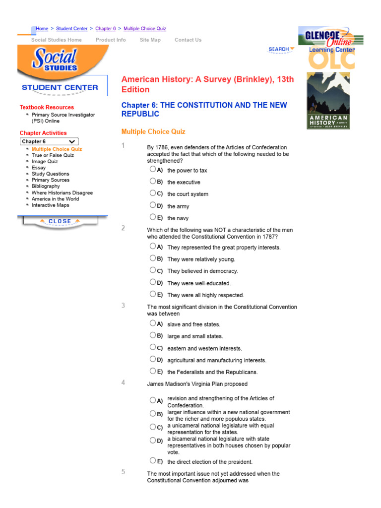 Multiple Choice Quiz (Brinkley Chapter 6) | PDF | Federalist Party ...