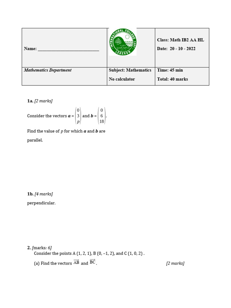 IB Math AA HL Vectors Exam Practice | PDF | Teaching Methods & Materials