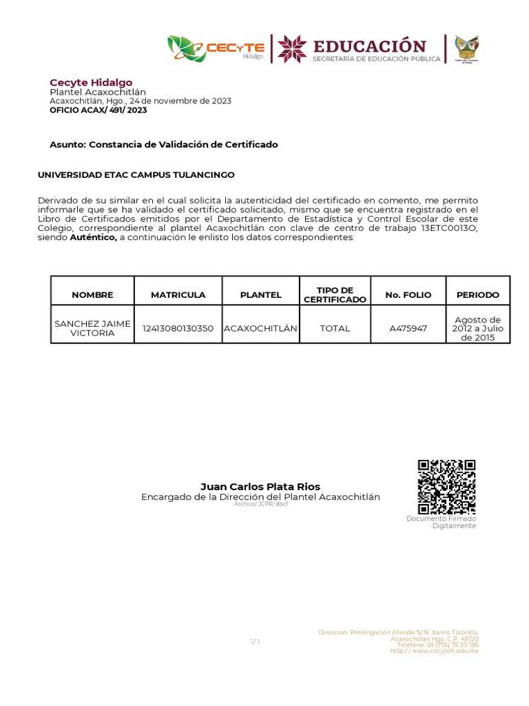 Cecyte Hidalgo: Asunto: Constancia de Validación de Certificado Universidad Etac Campus ...