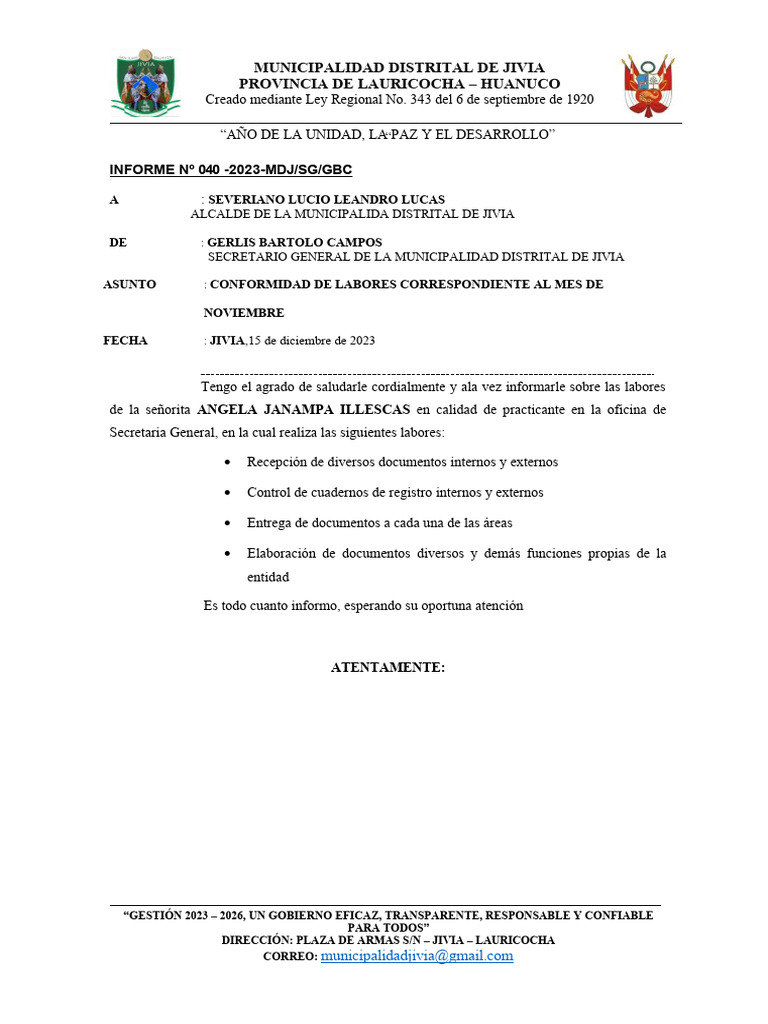 INFORME DE CONFORMIDAD DE LABORES | PDF