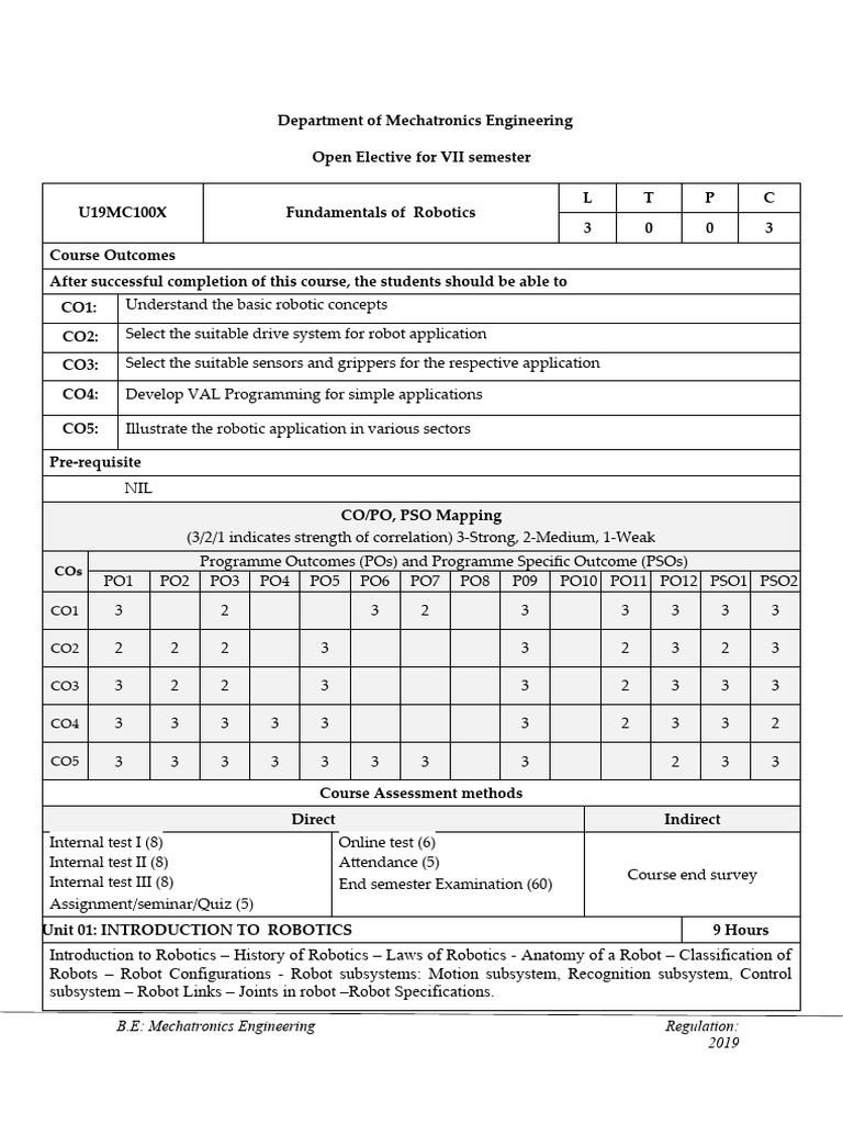 Fundamendals of Robotics Syllabus | PDF | Robot | Robotics