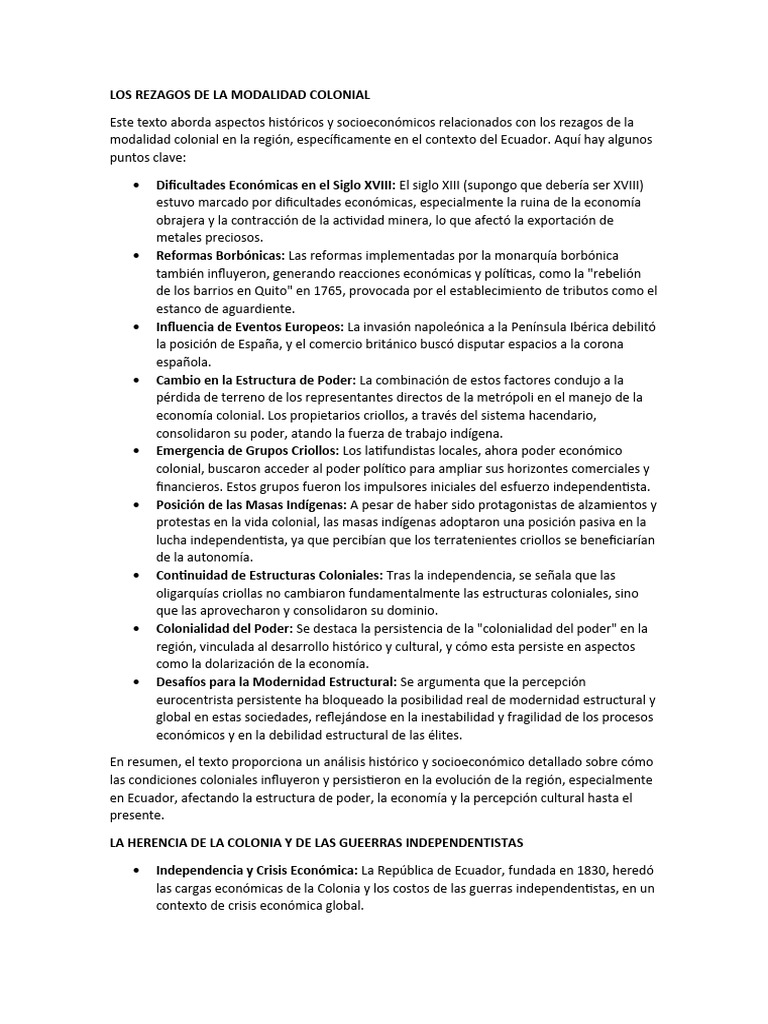 Rezagos Coloniales en Ecuador | PDF | Ecuador | Bancos