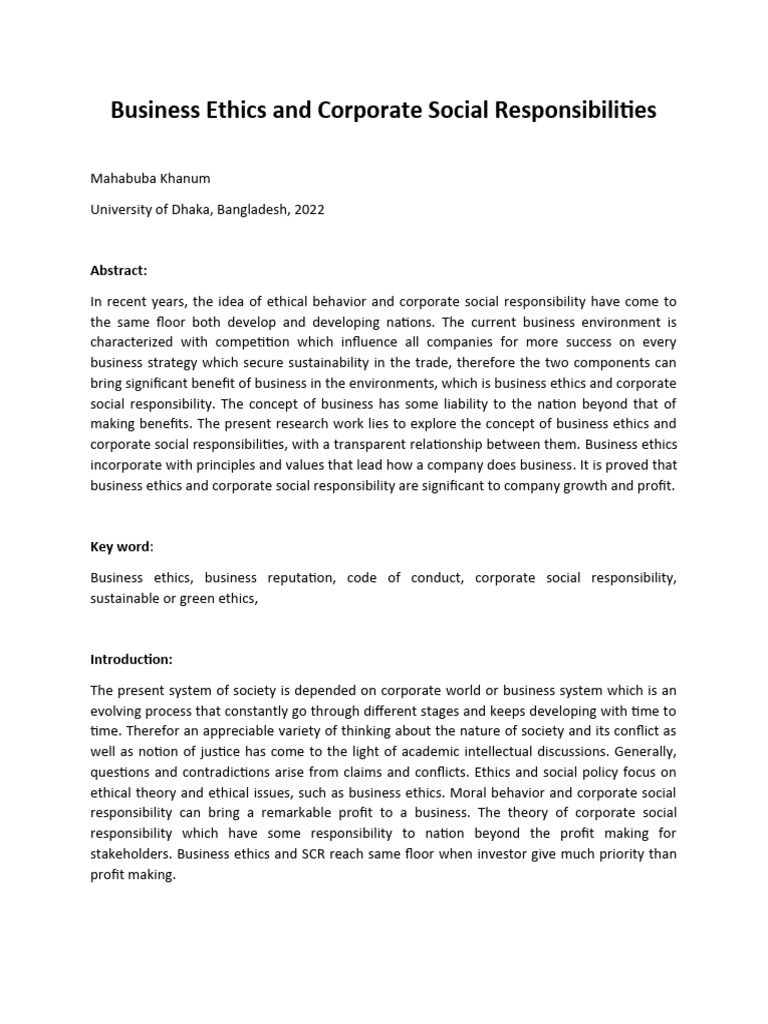 Business Ethics and Corporate Social Responsibilities | PDF | Corporate ...
