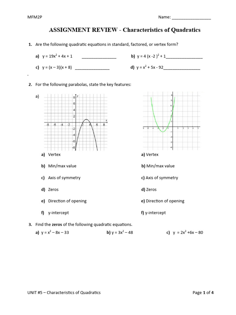 ASSIGNMENT REVIEW Characteristics of Quadratics V2 | Download Free PDF ...