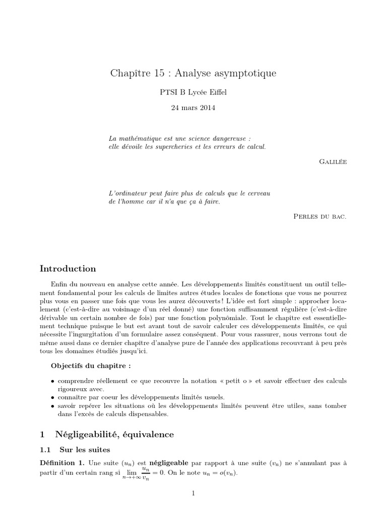 Chapître 15: Analyse Asymptotique: PTSI B Lycée Eiffel 24 Mars 2014 | PDF