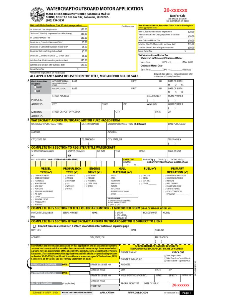 SC Watercraft Registration Application | PDF | Marine Propulsion | Taxes