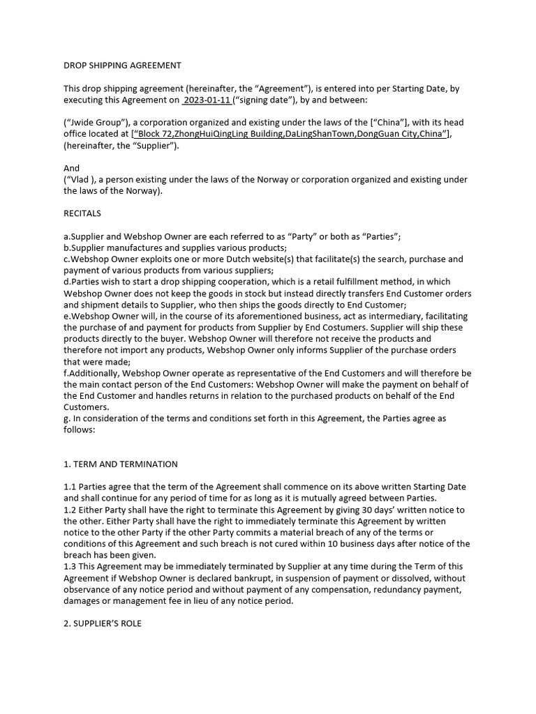 Drop Shipping Agreement | PDF | Indemnity | Legal Liability
