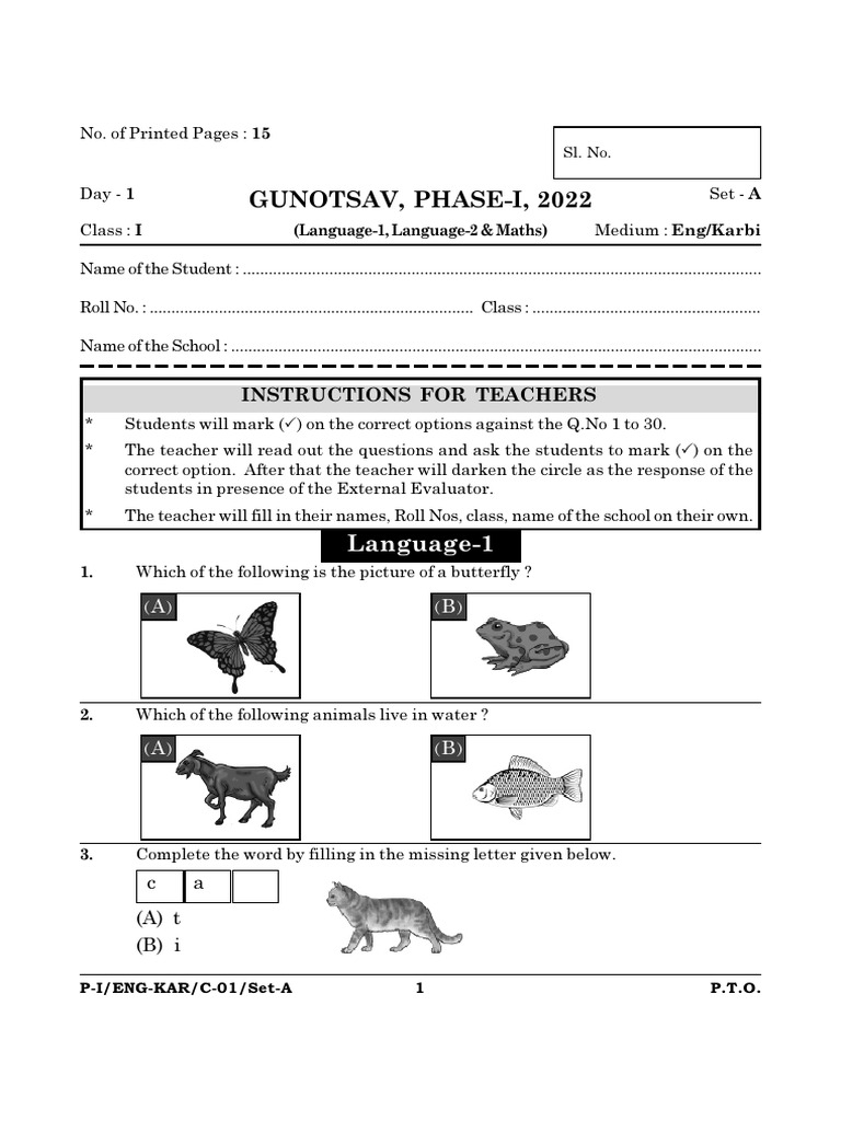 p1 Class1 Eng Kar Set A | PDF | Mathematics | Science