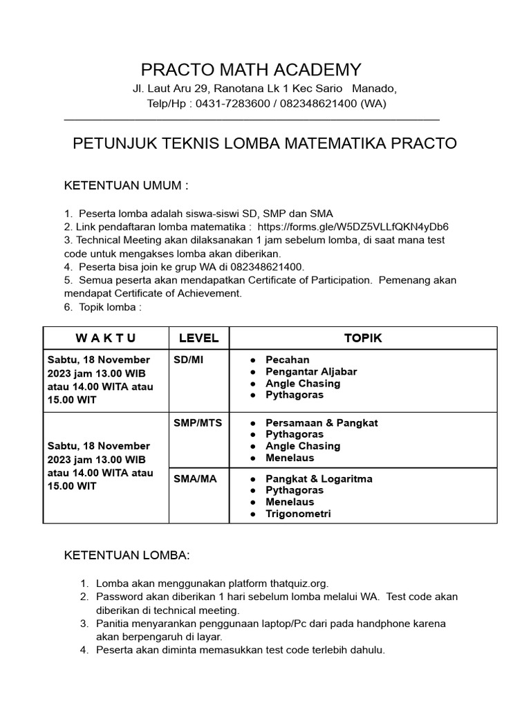 Petunjuk Teknis Lomba Matematika Practo November 2023 | PDF | Karier & Perkembangan