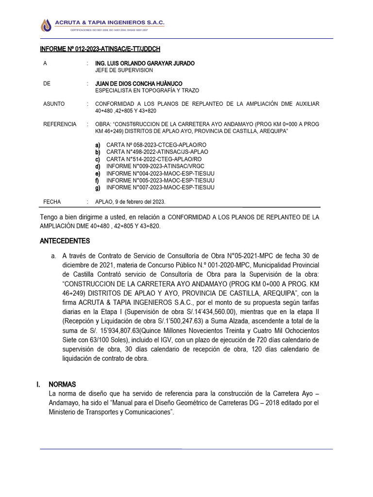 INFORME #012-2023-ATINSACE-TT-JDDCH, CONFORMIDAD PLANOS DE REPLANTEO AMPLIACIÓN DME 40+480,42 ...