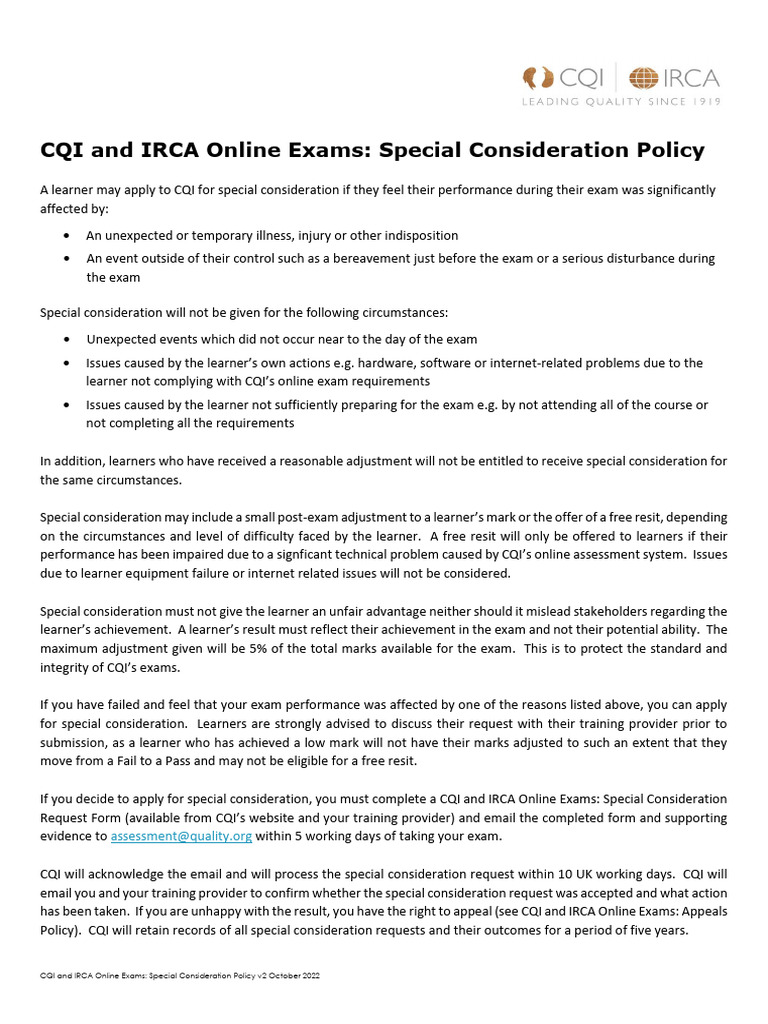 CQI and IRCA Exam Special Consideration Policy | PDF