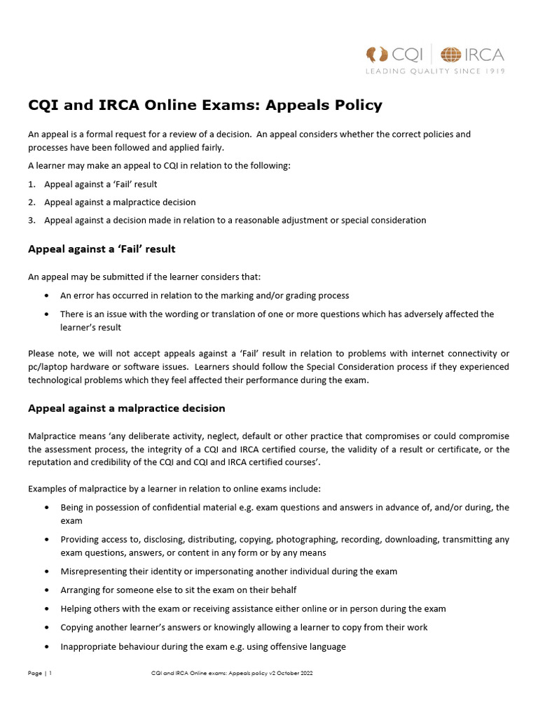 CQI and IRCA Exam Appeals Policy | PDF | Appeal | Learning