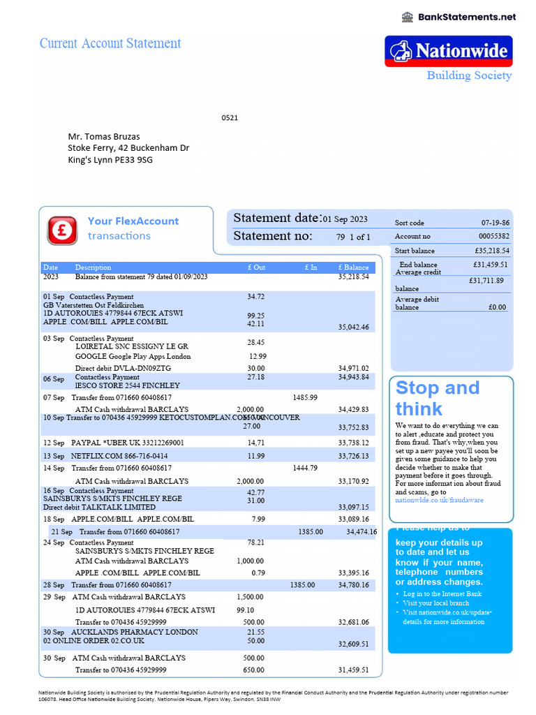 NBS Bank Statement Sep 2023 | PDF | Overdraft | Cheque