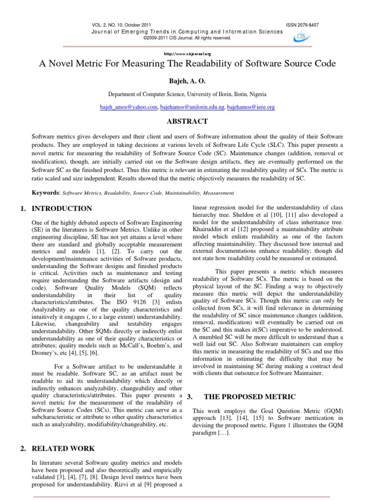 A Novel Metric For Measuring The Readability of Software Source Code | PDF | Computer ...