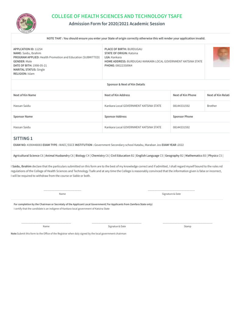 College of Health Sciences and Technology, Tsafe | PDF