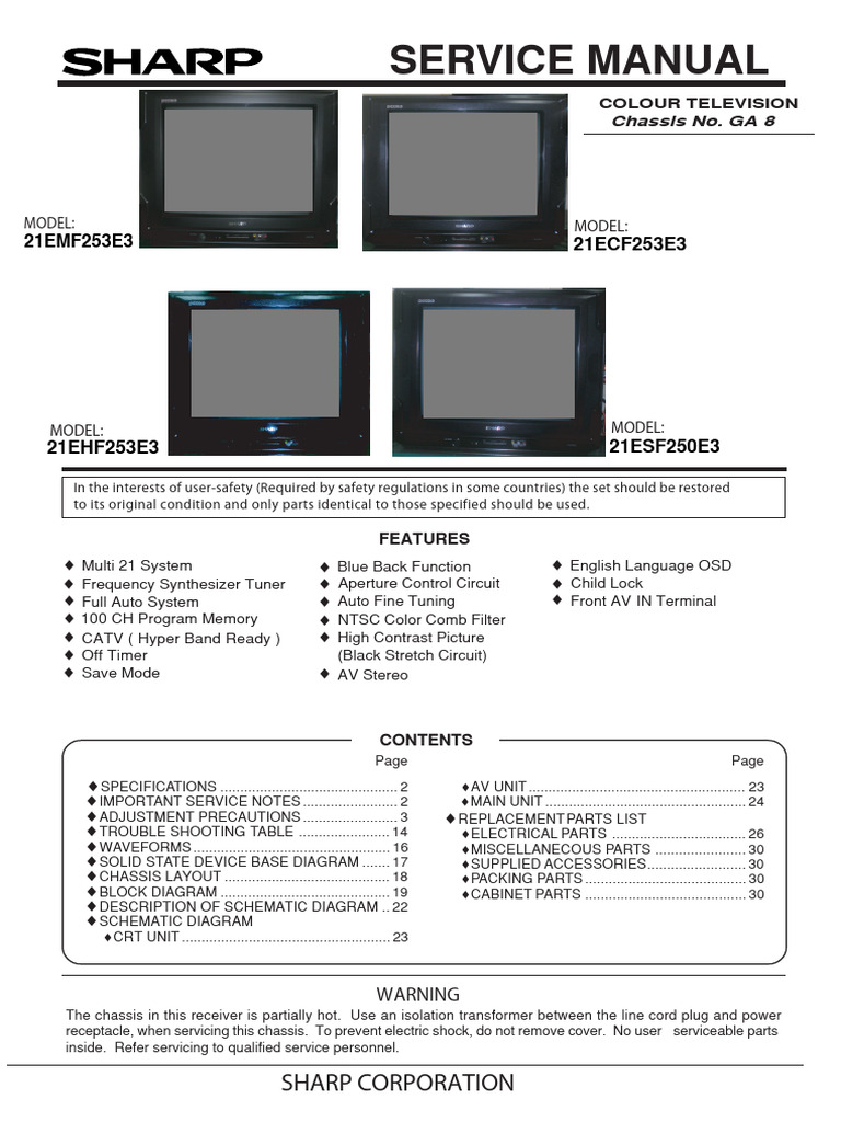 Sharp 21emf253e3 21ehf253e3 21ecf253e3 21esf253e3 Chassis Ga-8 | PDF ...