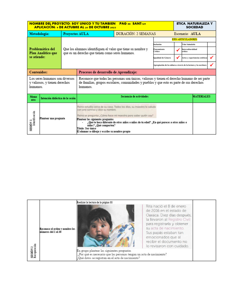 PROYECTO AULA SOMOS PERSONAS UNICAS | PDF | Certificado de nacimiento ...