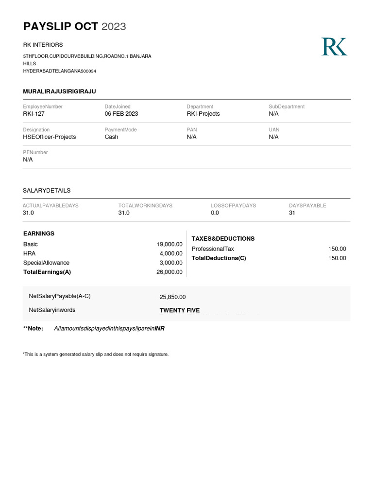 Murali Raju's October Payslip 2023 | PDF