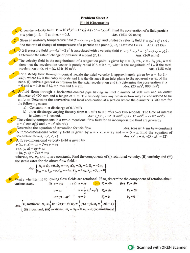 Fluid Kinematics Problem Sheet | PDF