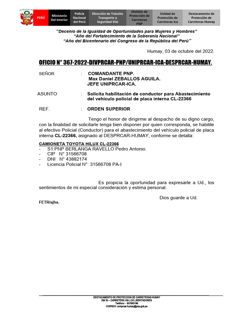 Oficio Habilitacion Conductor | PDF | Cumplimiento de la ley | Crimen y violencia