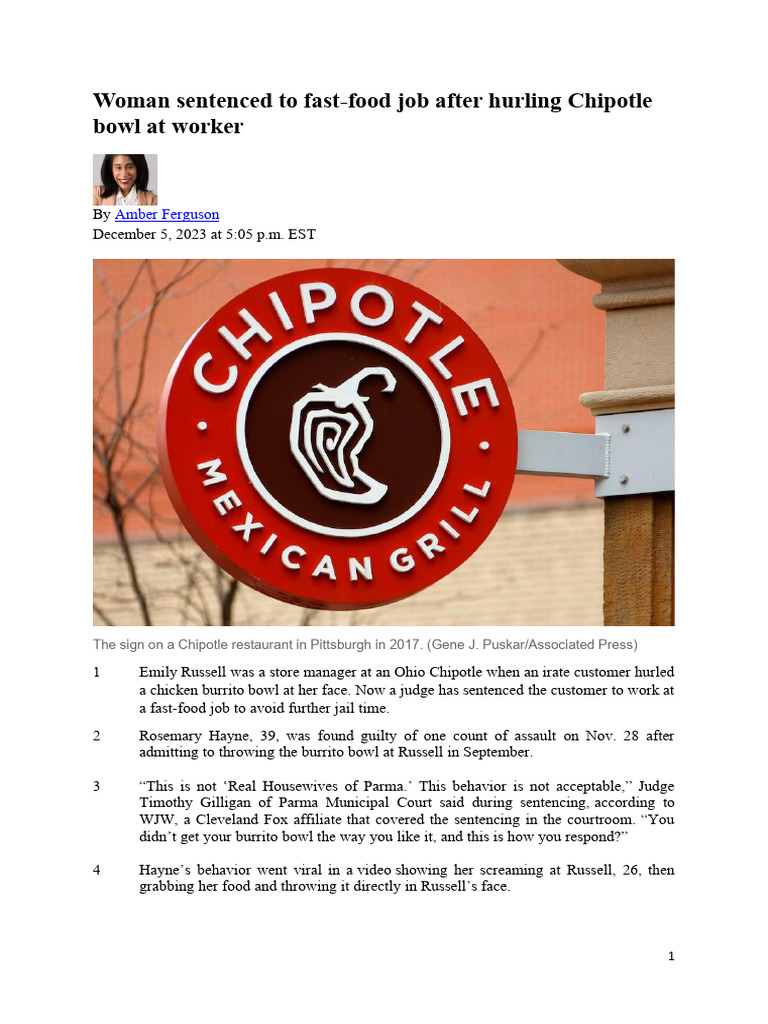 Woman Sentenced To Fast-Food Job After Hurling Chipotle Bowl at Worker ... Woman Sentenced To Fast-Food Job After Hurling Chipotle Bowl at Worker ...