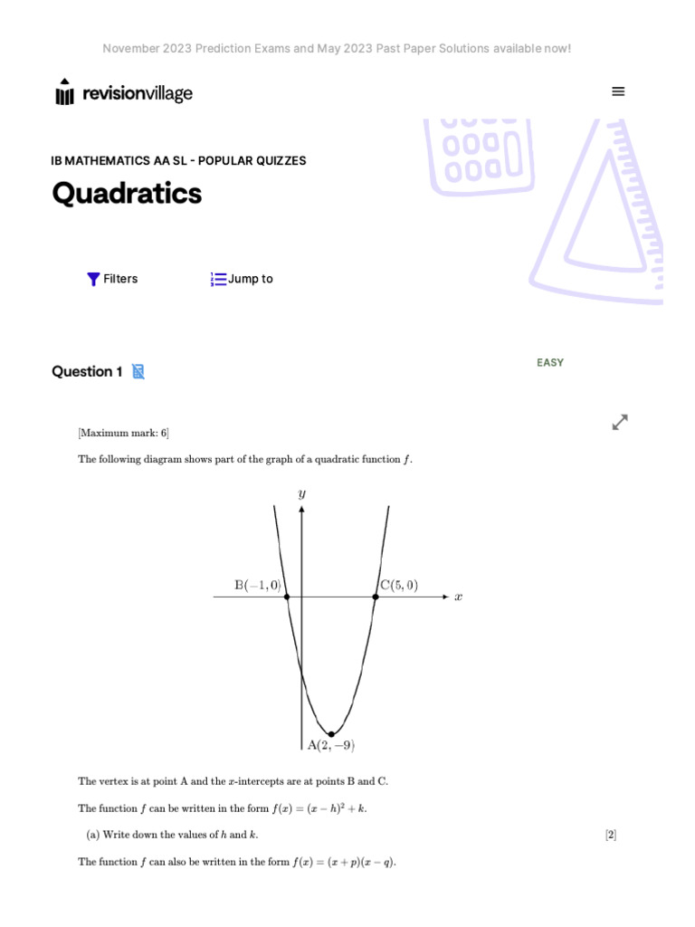 IB Mathematics AA SL Practice Exam - Quadratics | PDF | Cartesian ...