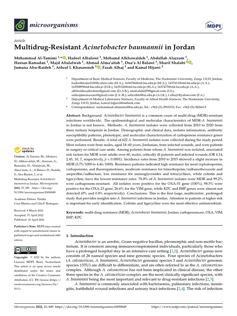 Multidrug-Resistant Acinetobacter baumannii in Jordan | PDF | Multiple Drug Resistance ...