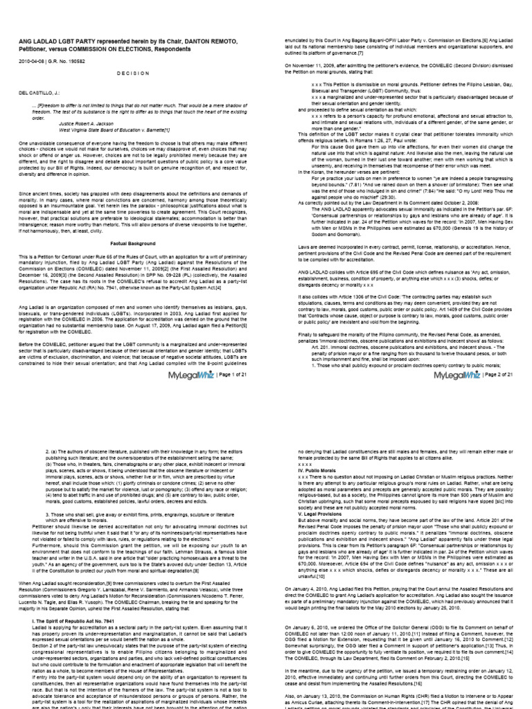 Ang LADLAD LGBT Party V COMELEC, 618 SCRA 32 | PDF | Law