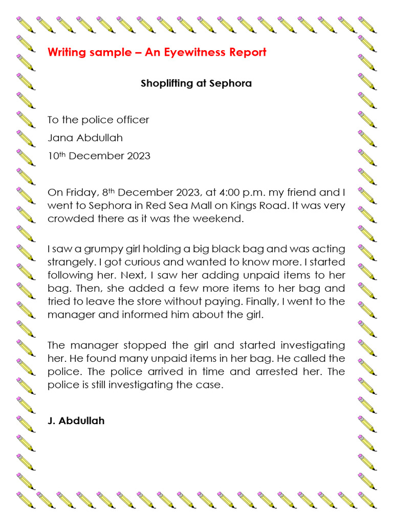 Writing Sample - An Eyewitness Report: Shoplifting at Sephora | PDF